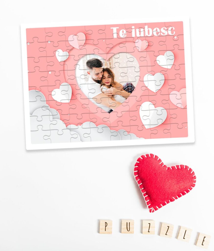 Puzzle din lemn personalizat cu o poza si mesaj Heart Love - Uniq-gift.ro