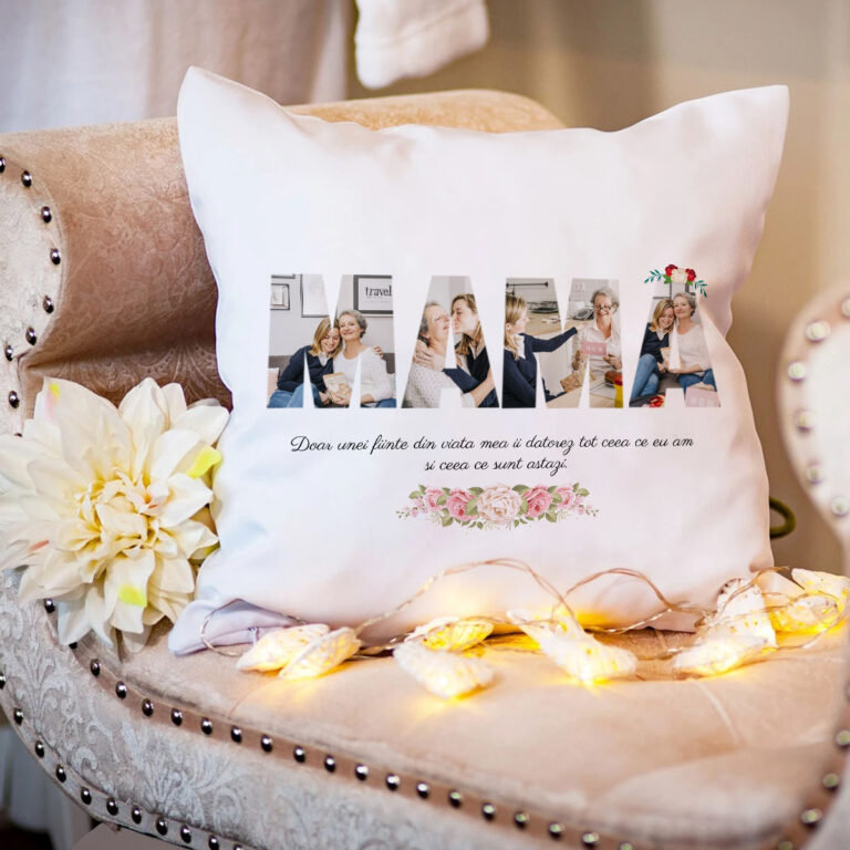 Perna personalizata MAMA cu 4 poze si mesaj - Uniq-gift.ro