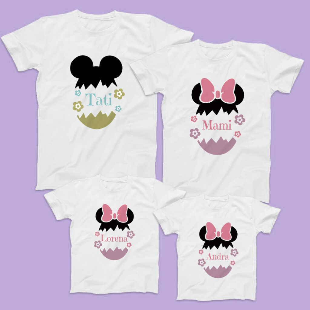 Set 4 tricouri familie personalizate cu nume Model Mickey & Minnie de Paște - Uniq-gift.ro