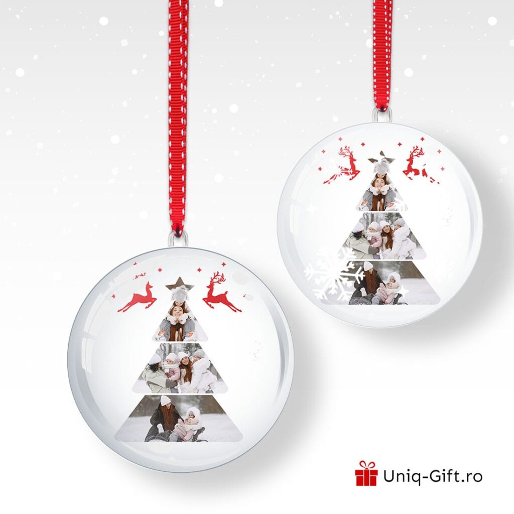 Glob imprimat cu fulgi personalizat cu 6 poze Brad - Uniq-gift.ro