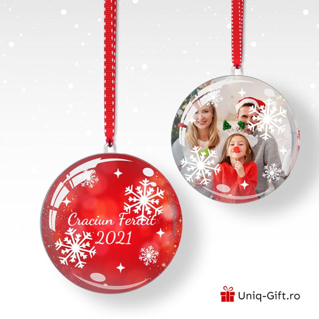 Glob imprimat cu fulgi personalizat cu mesaj si poza Red - Uniq-gift.ro