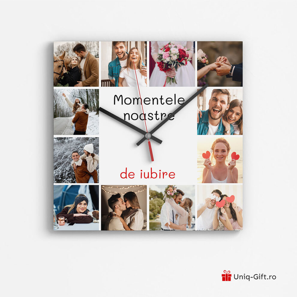 Ceas personalizat cu 12 poze si mesaj pe mijloc patrat - Uniq-gift.ro