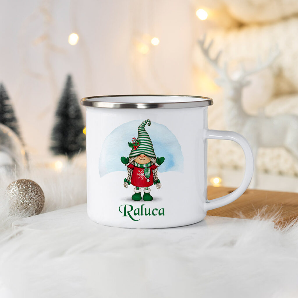 Cană de Crăciun metalică personalizată Gnom ea - Uniq-gift.ro