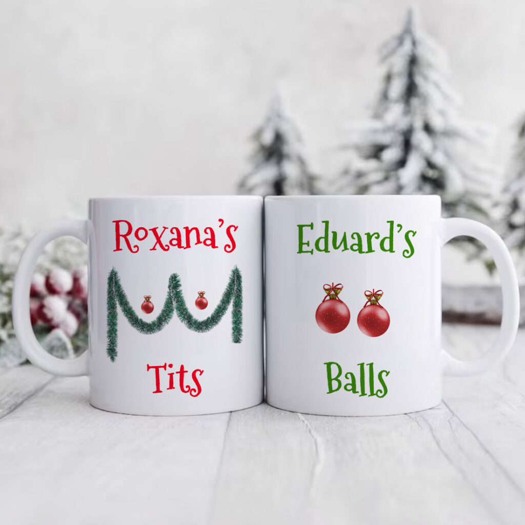 Set 2 căni Amuzante de Crăciun pentru Cuplu personalizate