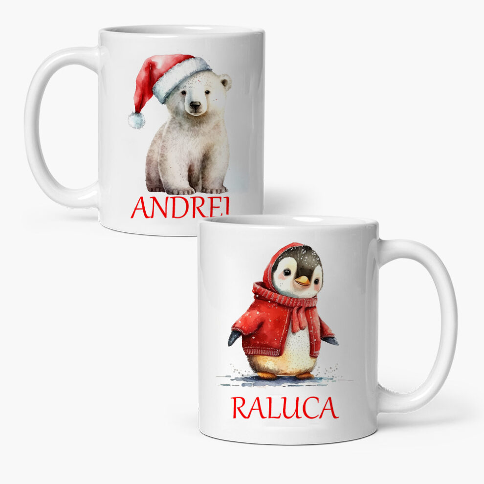 Set 2 căni de Crăciun Cuplu Polul Nord personalizate cu nume